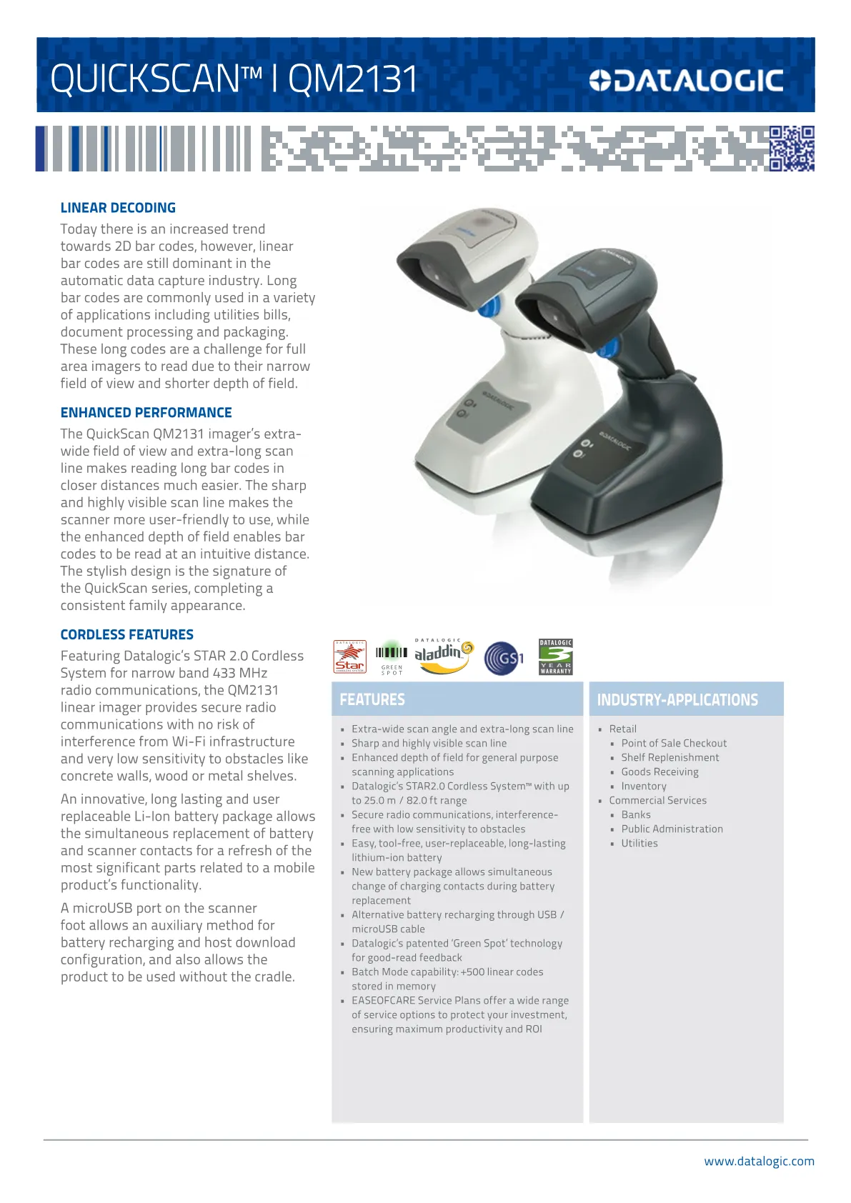 QM2131-BK-433K1 - Datalogic QuickScan Mobile QM2131 Kit, USB