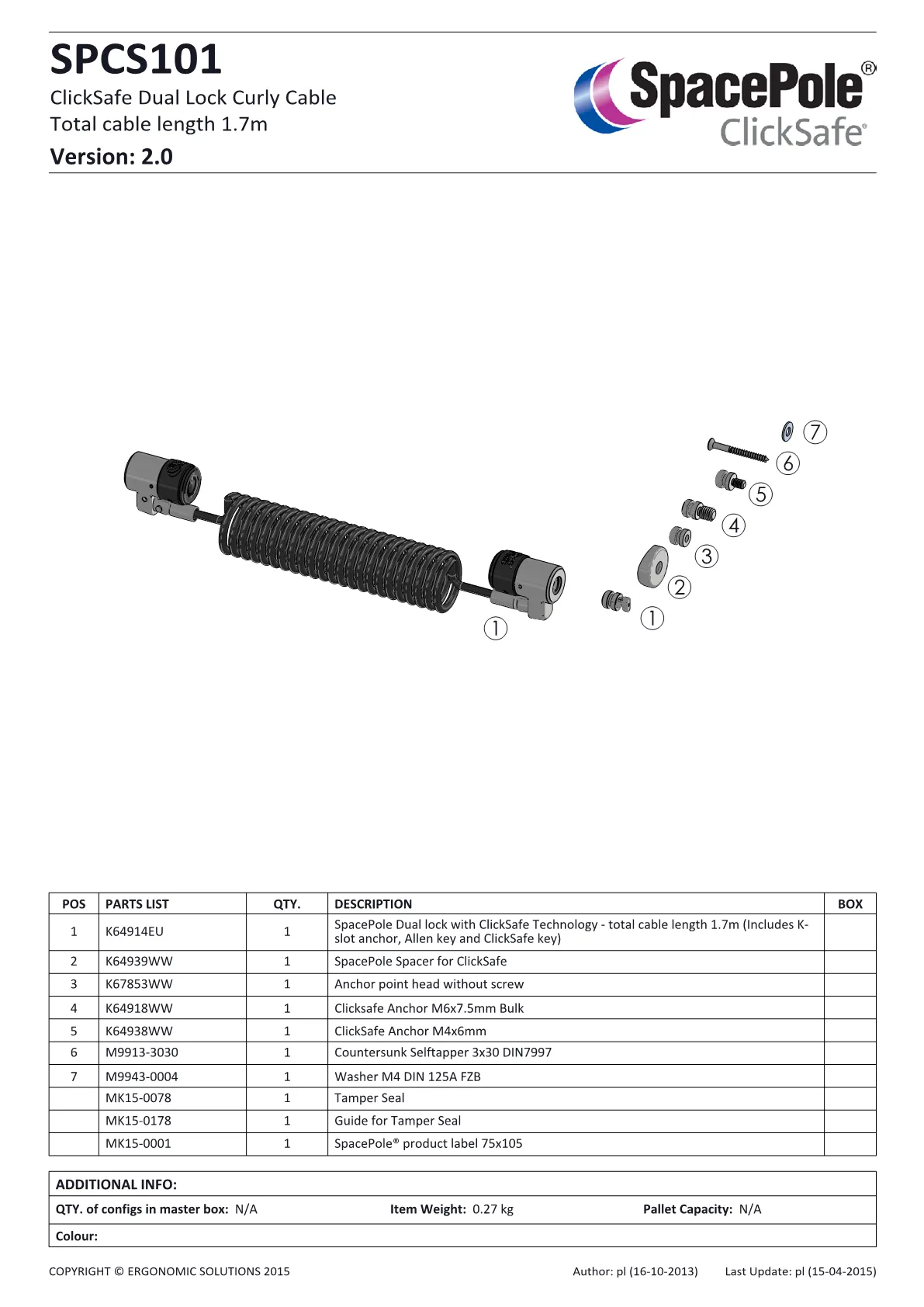 SPCS101 - Spacepole Cable CLICKSAFE Dual Lock Coil With Scre
