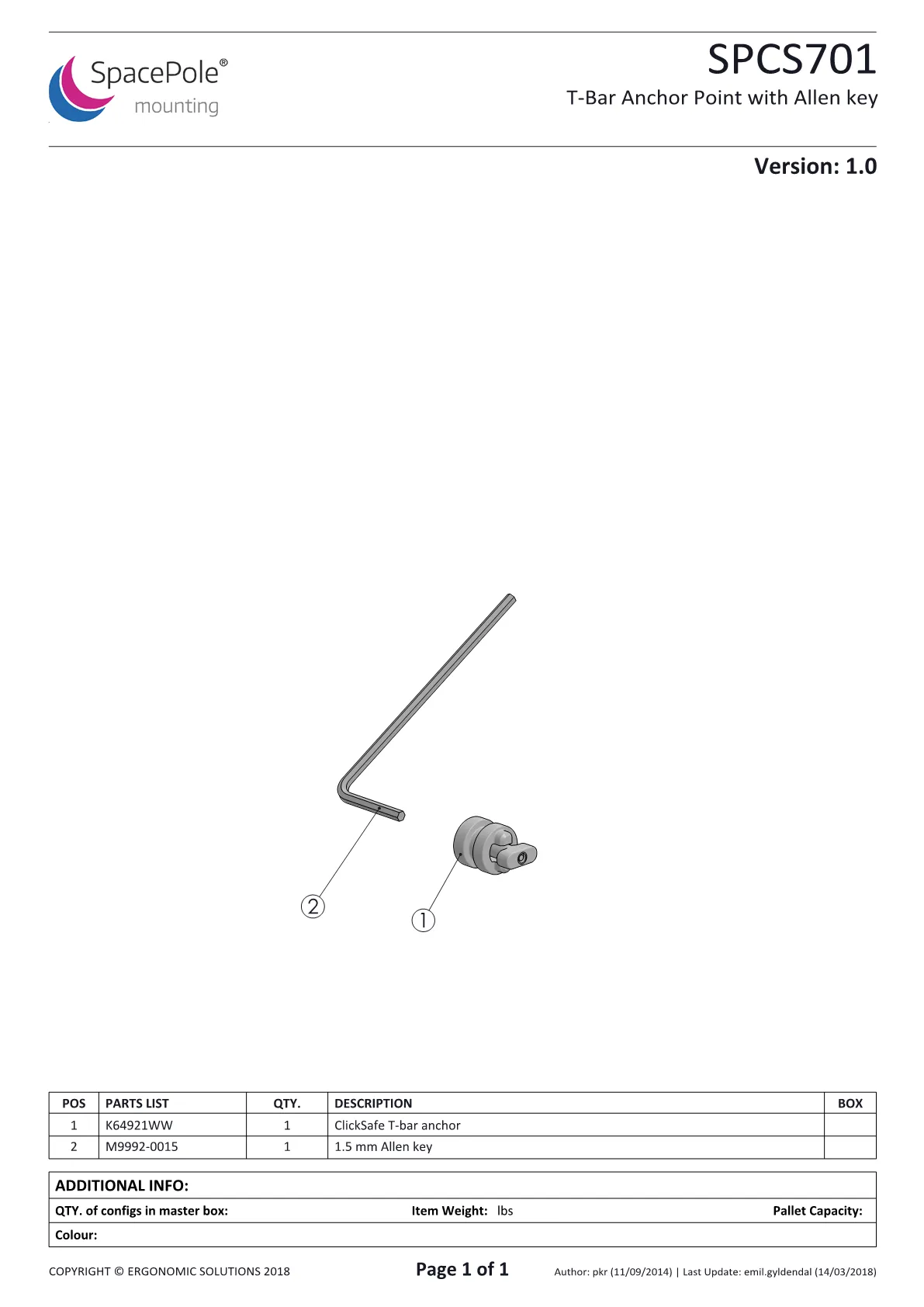 SPCS701 - Ergonomic Solutions Spacepole CLICKSAFE T-BAR Anch