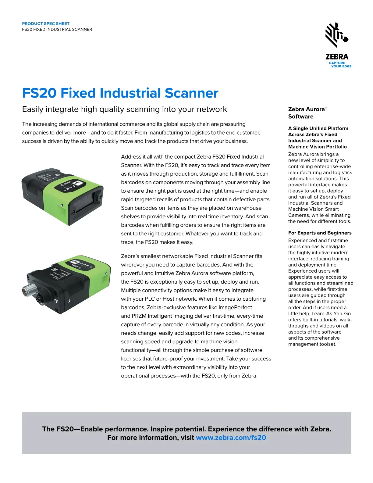FS20-SR10D3-2C00W - Zebra Scanner FS20 Fixed 2D-SR (RED) DPM