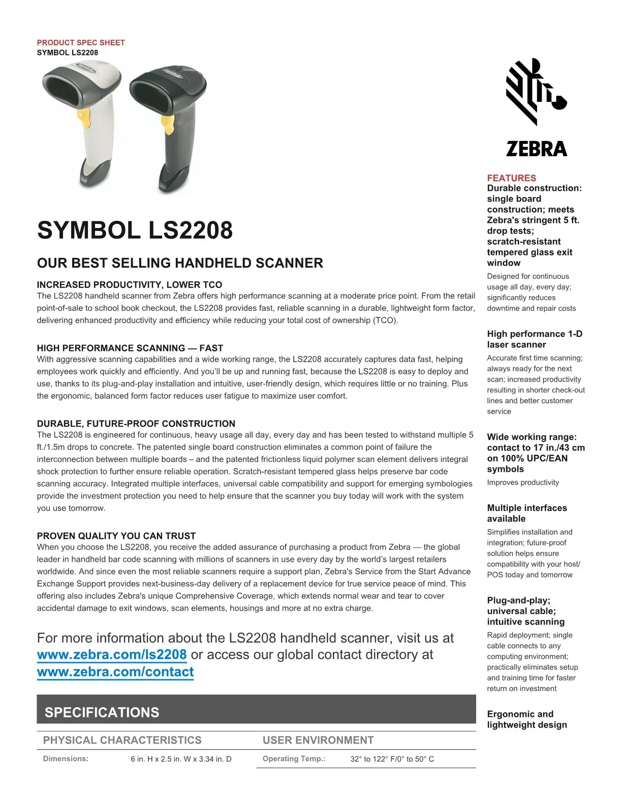 ZEBRA Ls2208 Scanner Kit Keyboard Wedge - LS2208-SR20007R-KR