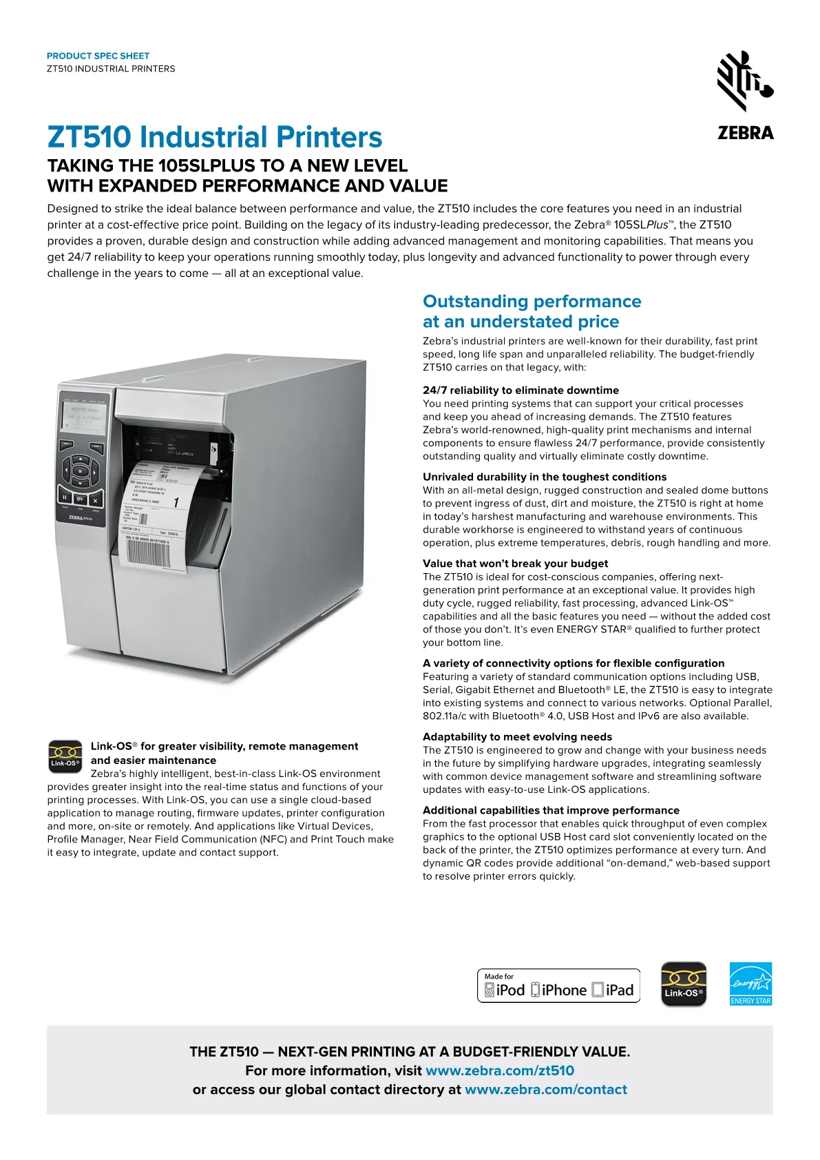 Zebra Printer ZT510, Thermal Transfer, In - ZT51043-T0P0000Z